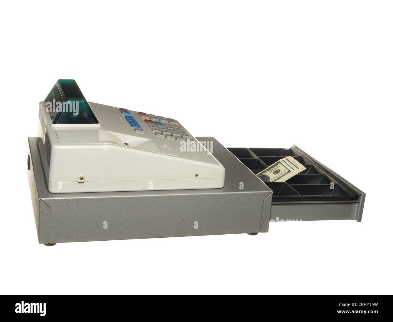 Cash register on a white background. Drawer is open. Inside a pack of ...