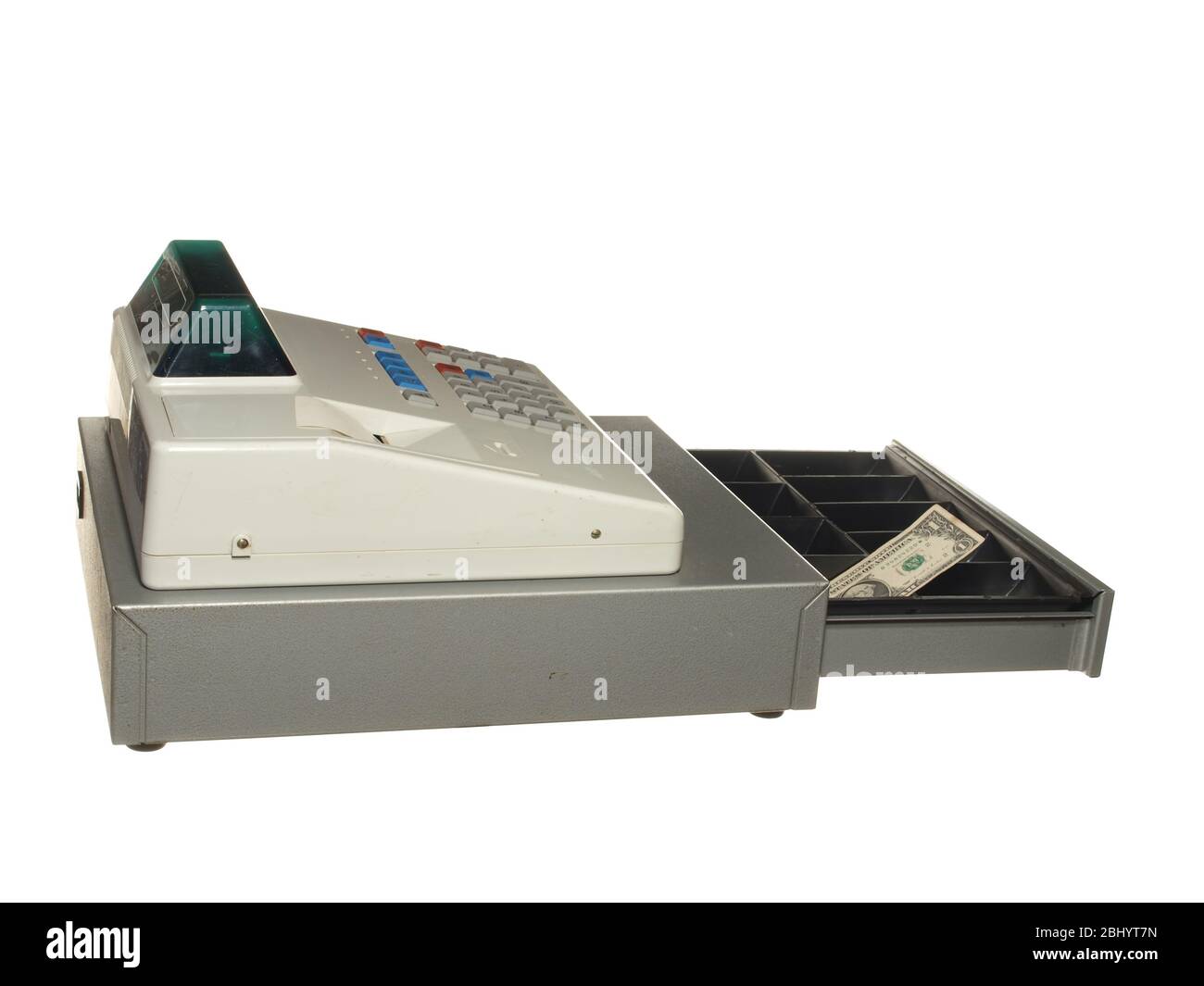 Cash register on a white background. Drawer is open. Inside a one ...