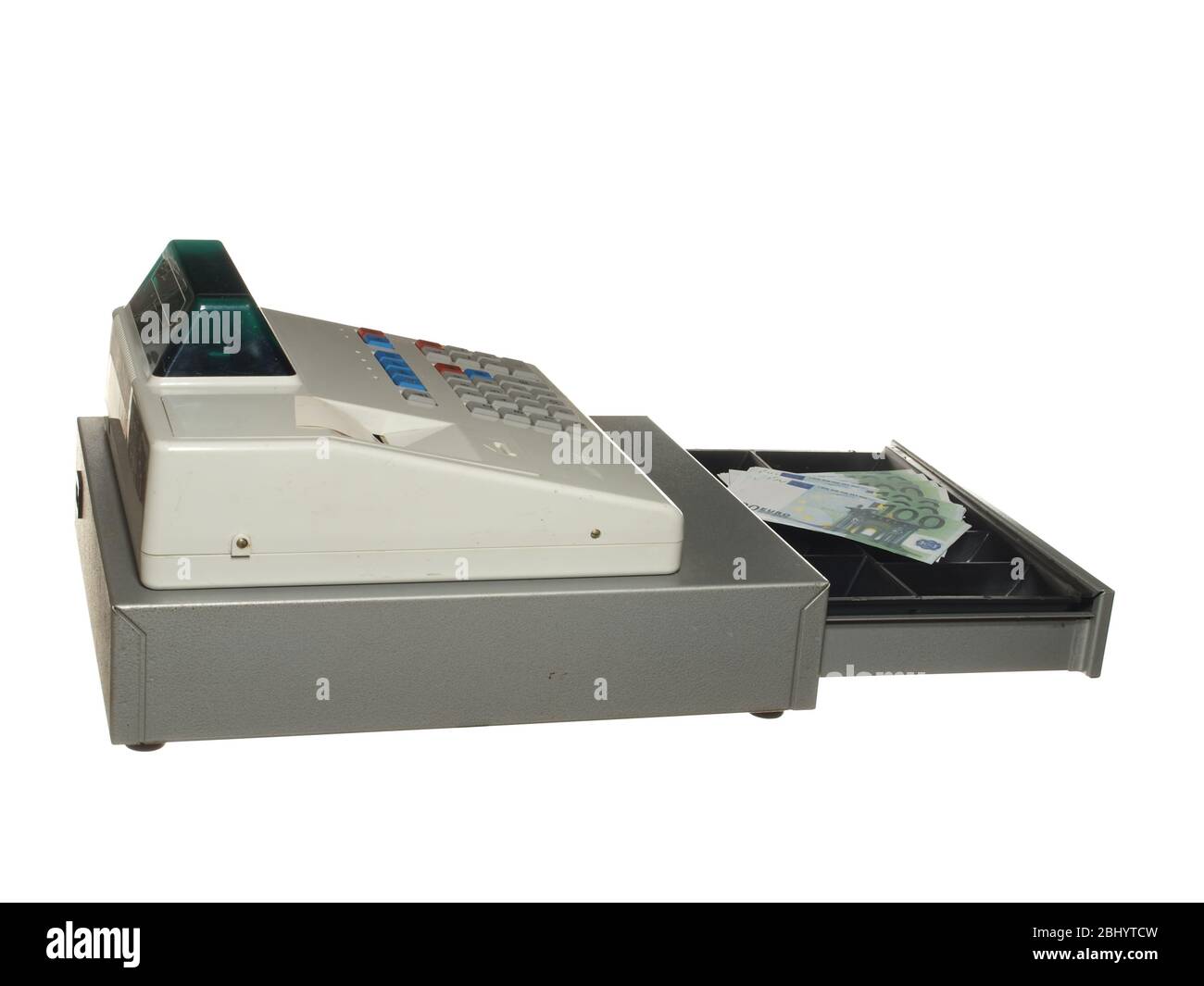 Cash register on a white background. Drawer is open. Euro banknotes lie ...