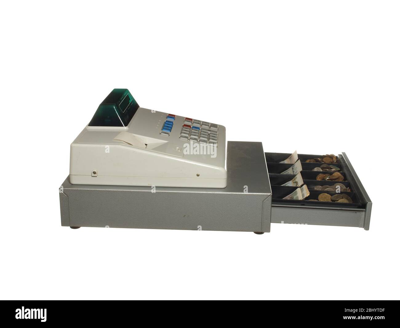Cash register on a white background. Drawer is open. Inside outdated ...