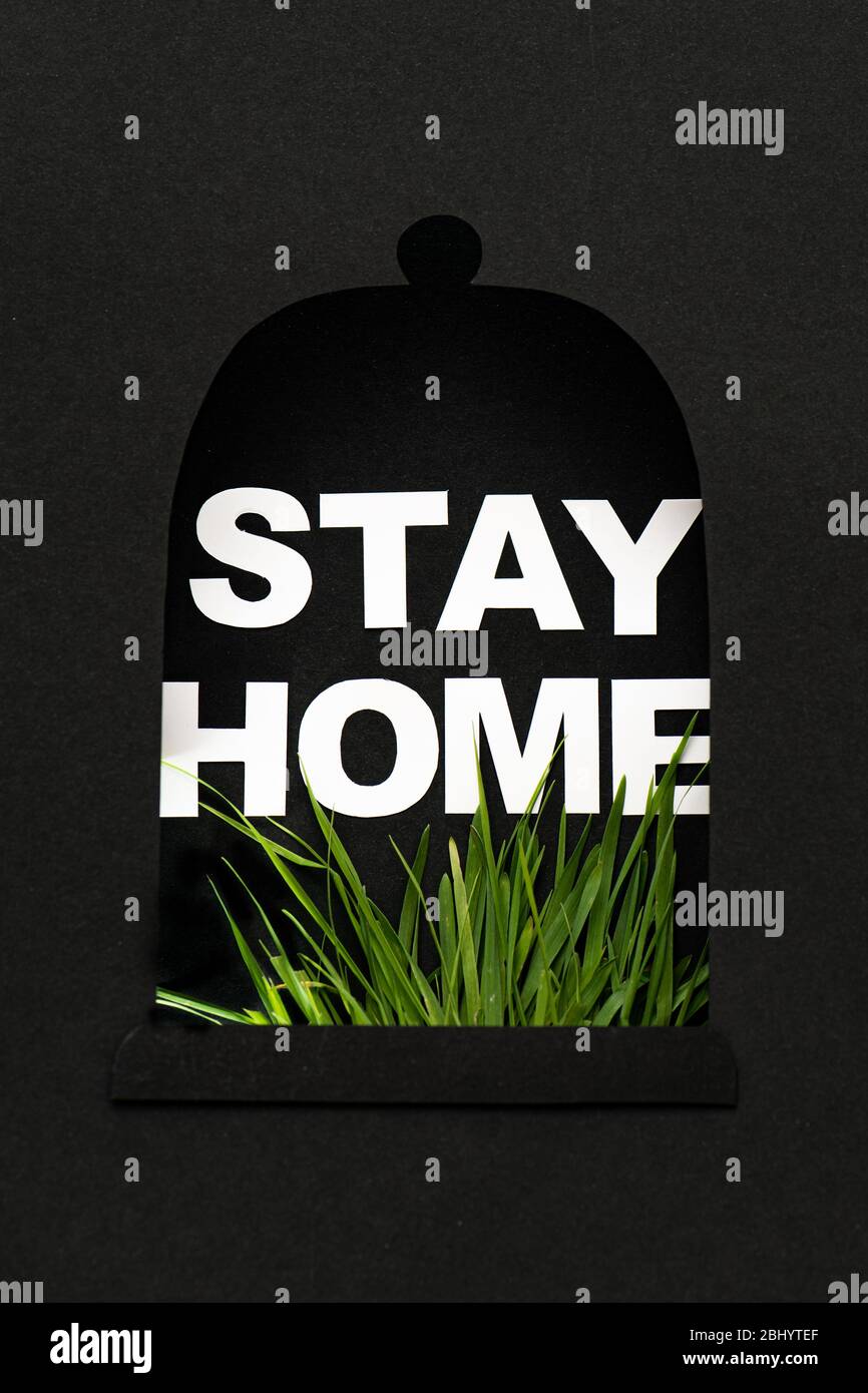 Stay home message on a paper bell with grass under it Stock Photo - Alamy