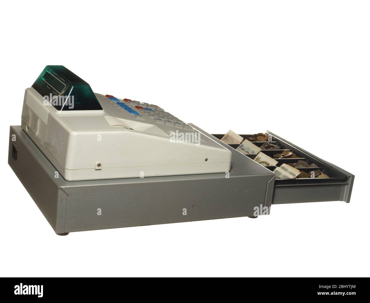 Cash register on a white background. Drawer is open. Inside outdated ...