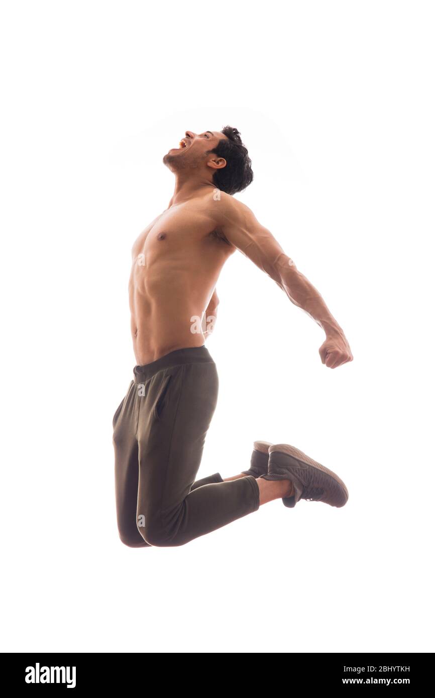 Man jumping and screaming over a white background Stock Photo - Alamy