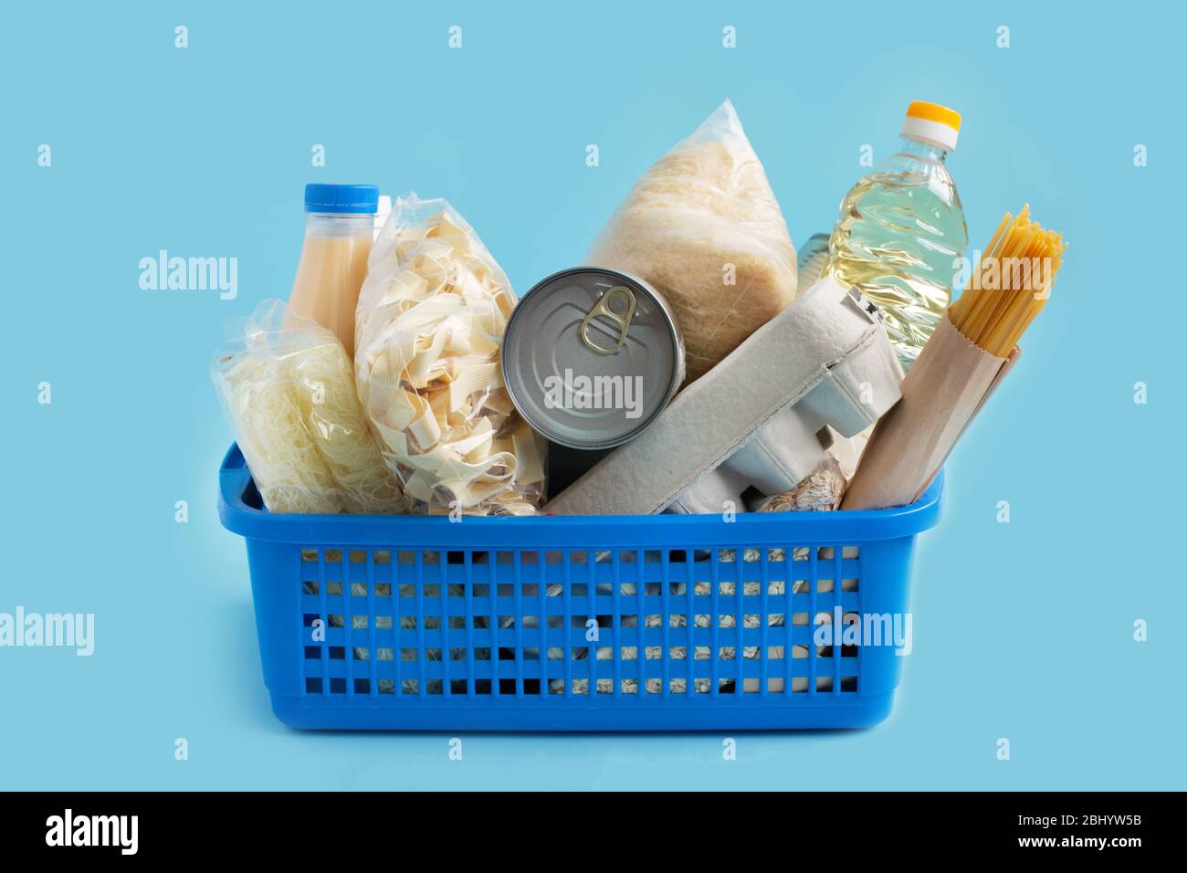 Delivery plastic box of Groceries at Home. Close-up. Food donations or ...