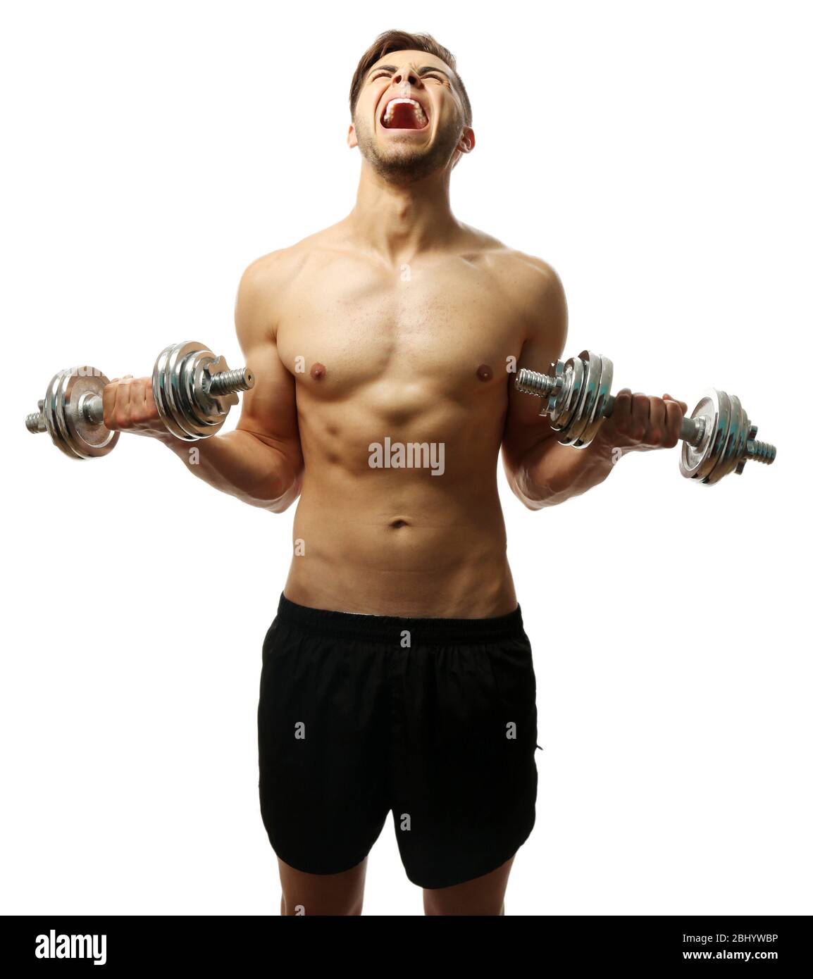 Muscle young man holding dumbbells isolated on white Stock Photo - Alamy