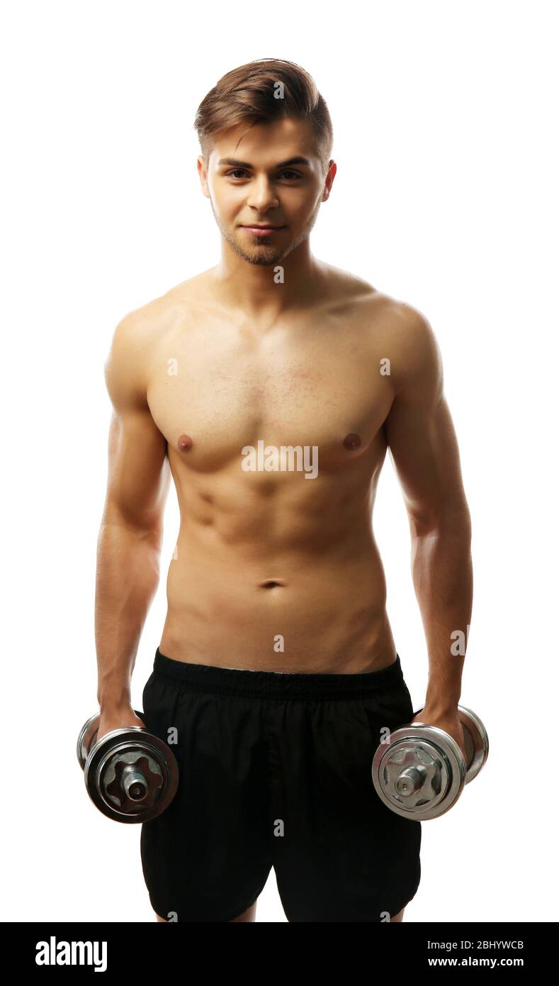 Muscle young man holding dumbbells isolated on white Stock Photo - Alamy