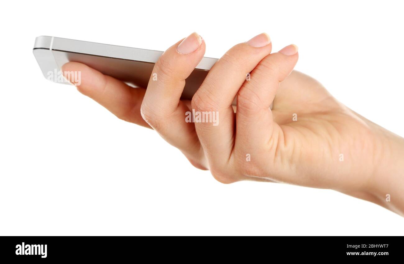 Hand holding mobile smart phone isolated on white Stock Photo - Alamy