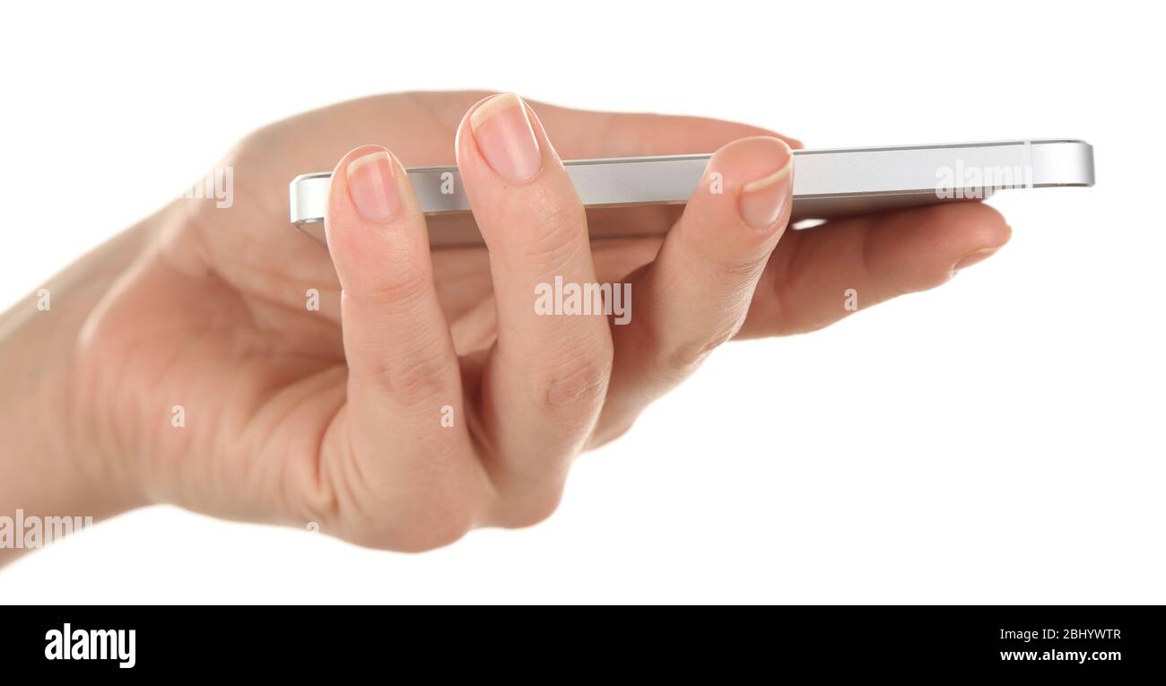 Hand holding mobile smart phone isolated on white Stock Photo - Alamy