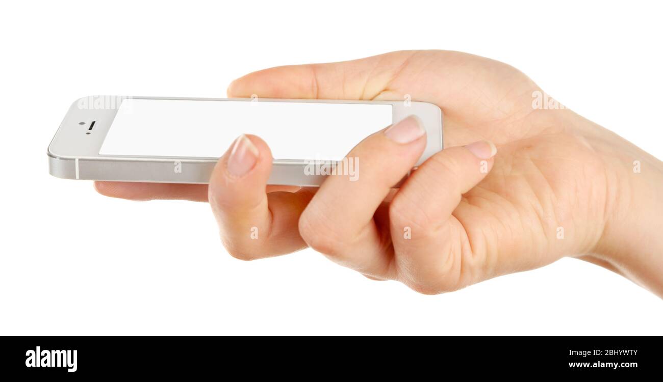Hand holding mobile smart phone isolated on white Stock Photo - Alamy