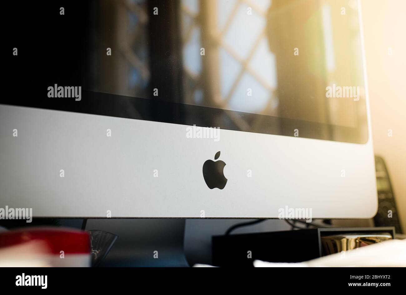 Rome, Italy, april 2020. Apple logo brand on computer display on ...