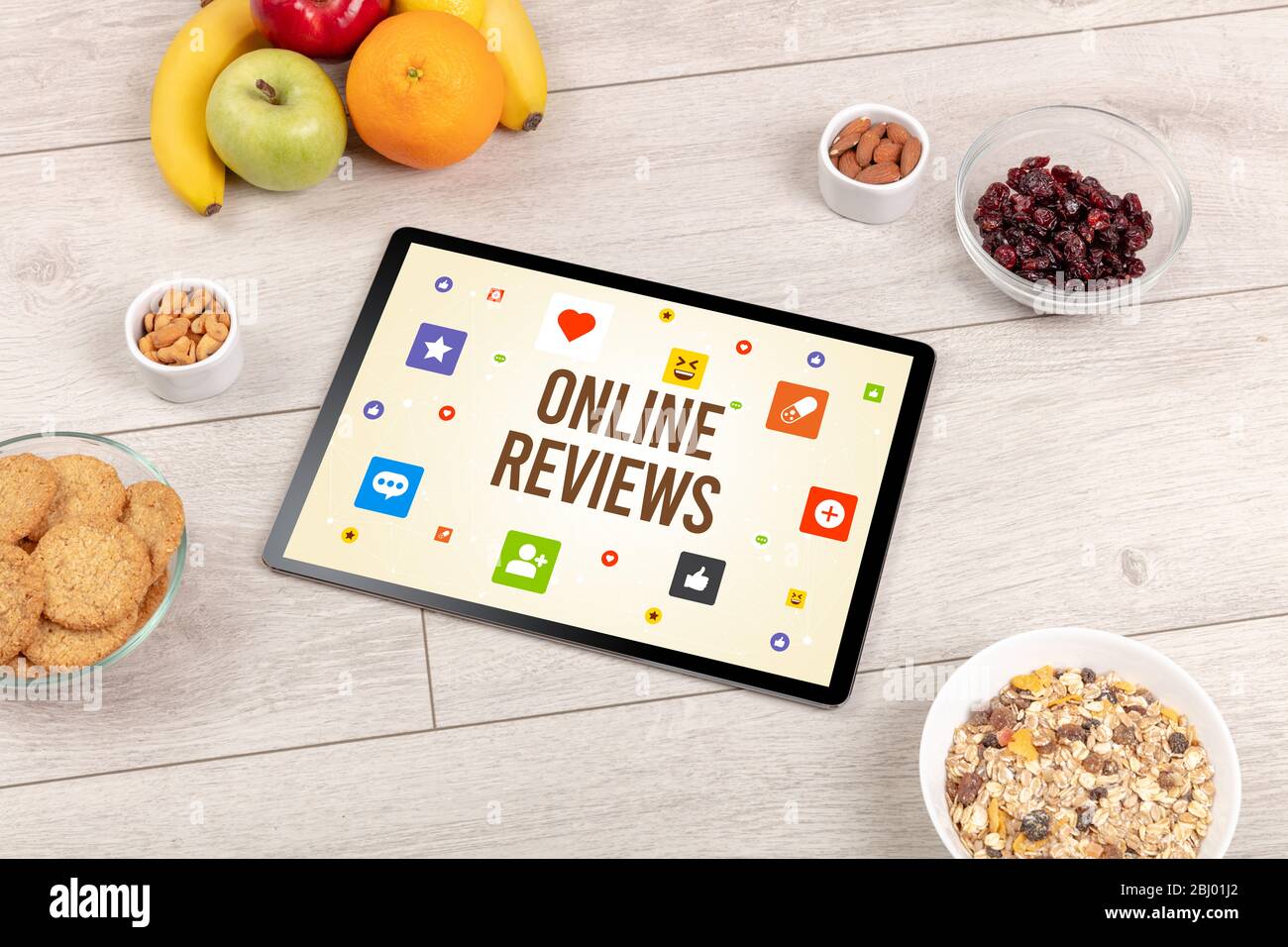 Healthy Tablet Pc compostion with ONLINE REVIEWS inscription, Social ...