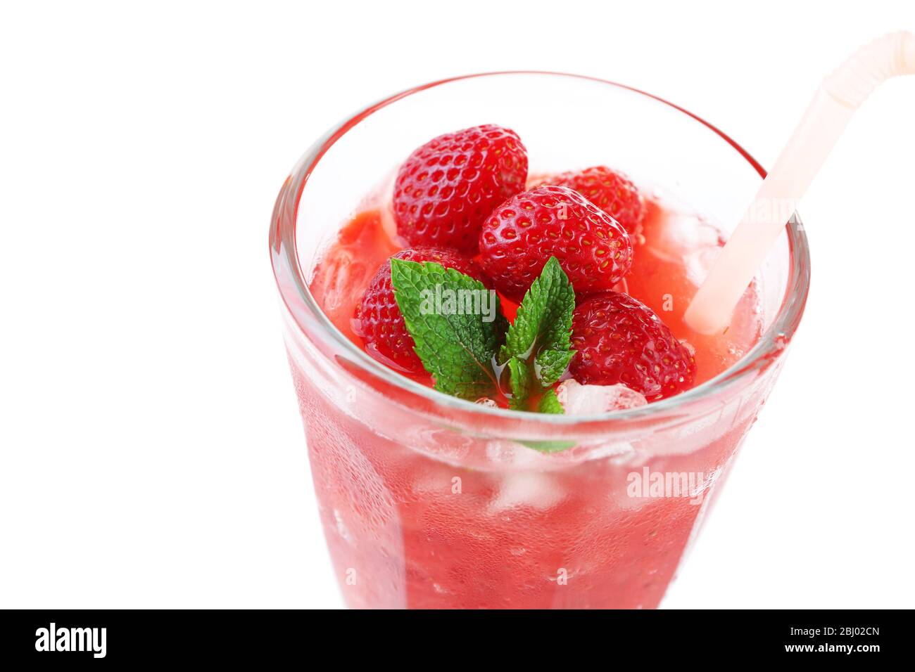 Strawberry lemonade with ice in glass, isolated on white Stock Photo ...