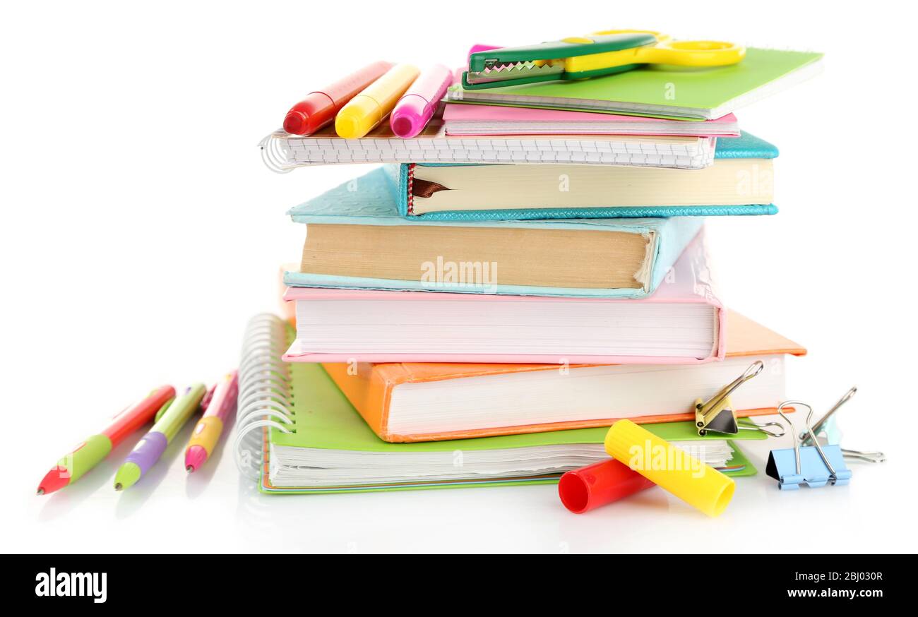 Stack of books and stationery isolated on white Stock Photo - Alamy