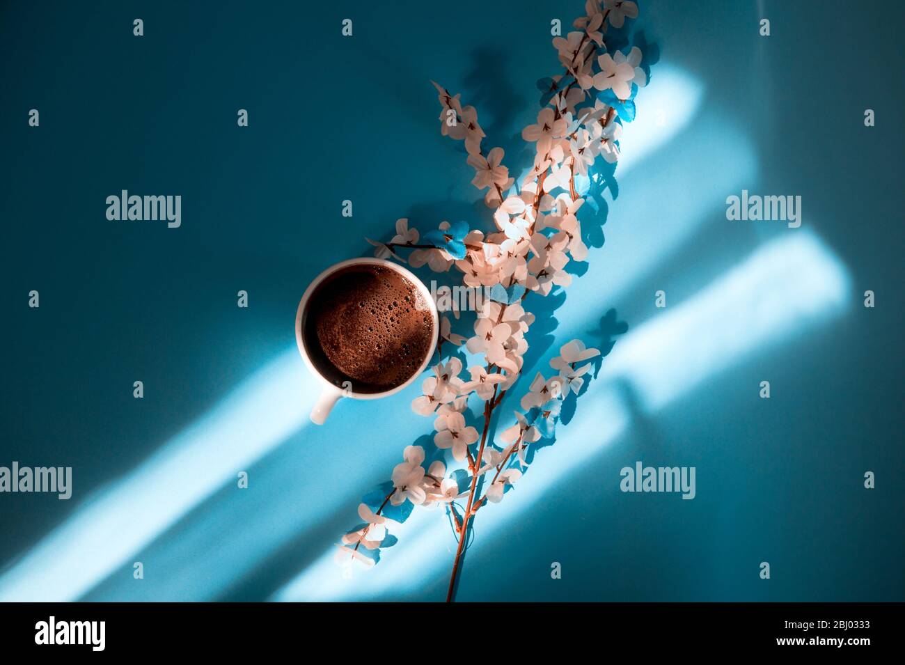 Coffee and spring flowers on blue background. Good mood concept. Blue ...