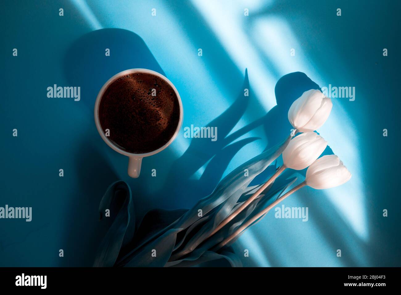 Coffee and spring flowers on blue background. Good mood concept. Blue ...