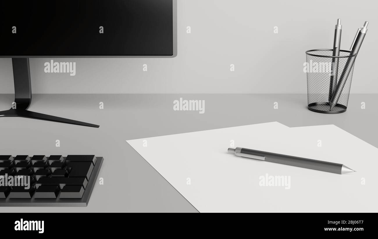 Desktop detail with a computer screen, keyboard, papers and pens. Home ...