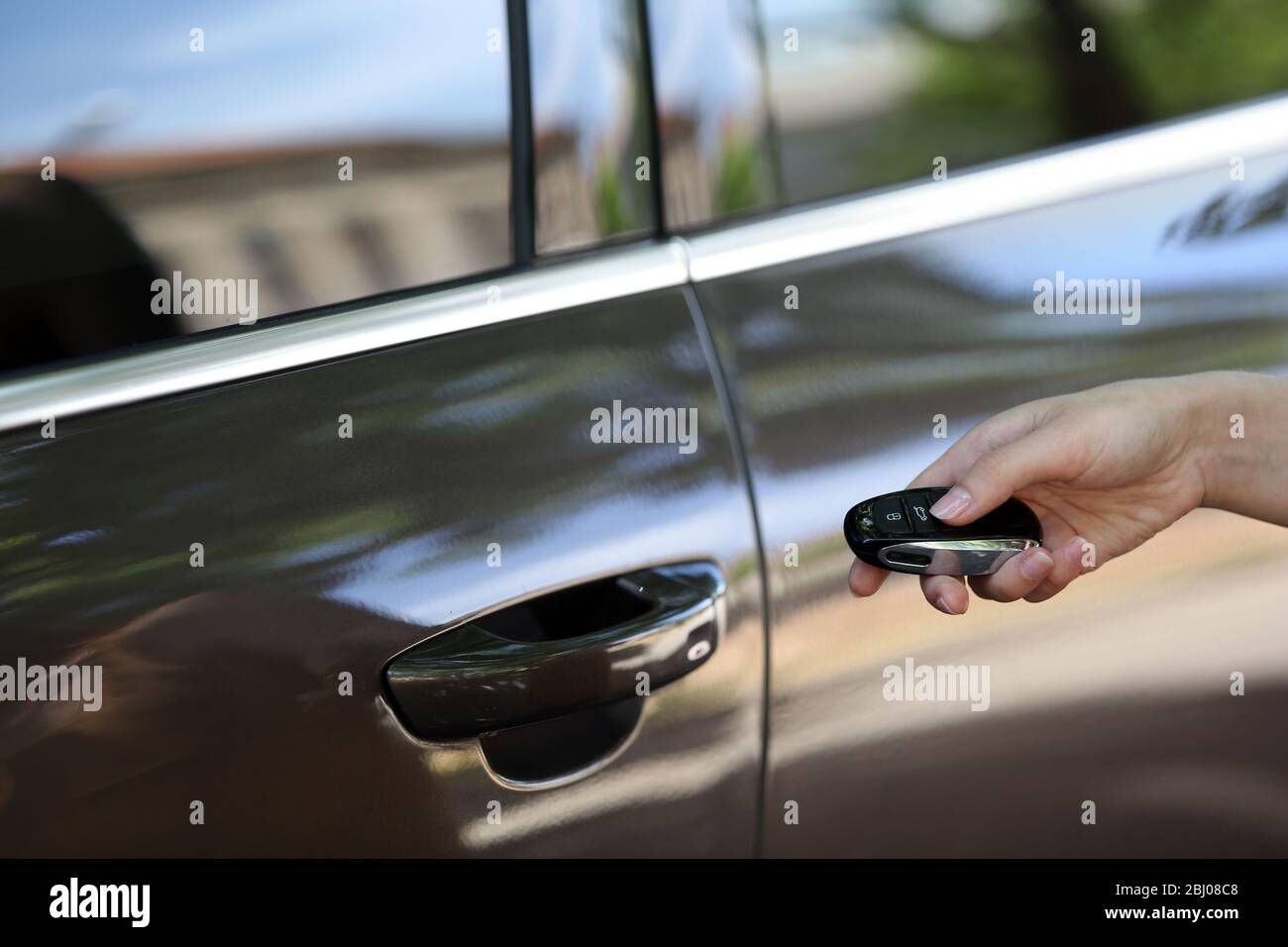 Hand presses on remote control car alarm systems Stock Photo - Alamy