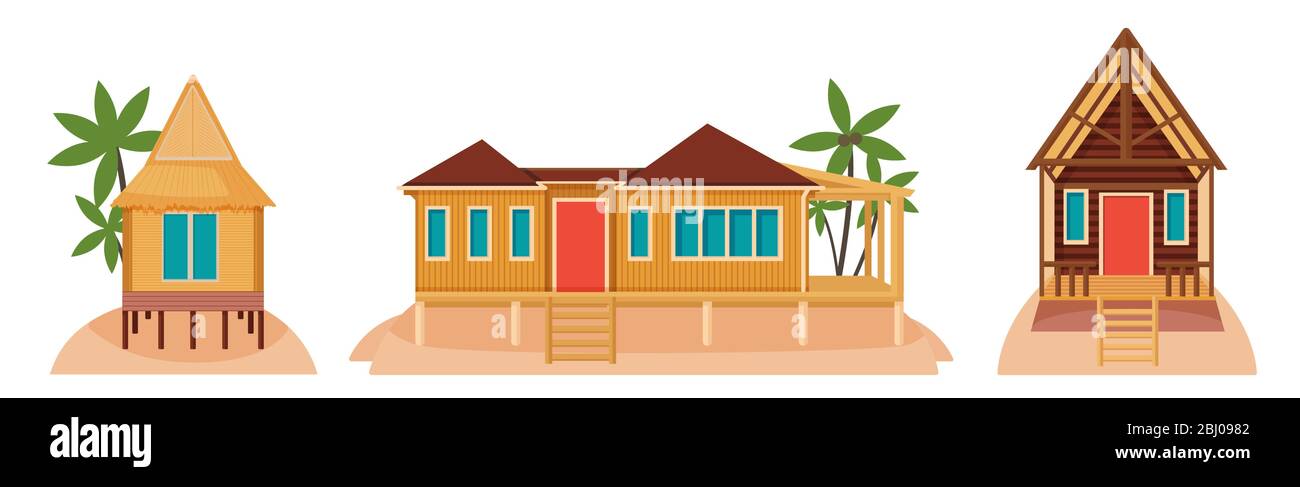 Bungalow houses on tropical islands. Illustration of exotic ...