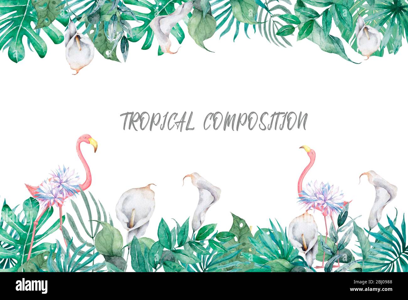 Hand drawn watercolor tropical banner with flamingo. Exotic leaves ...