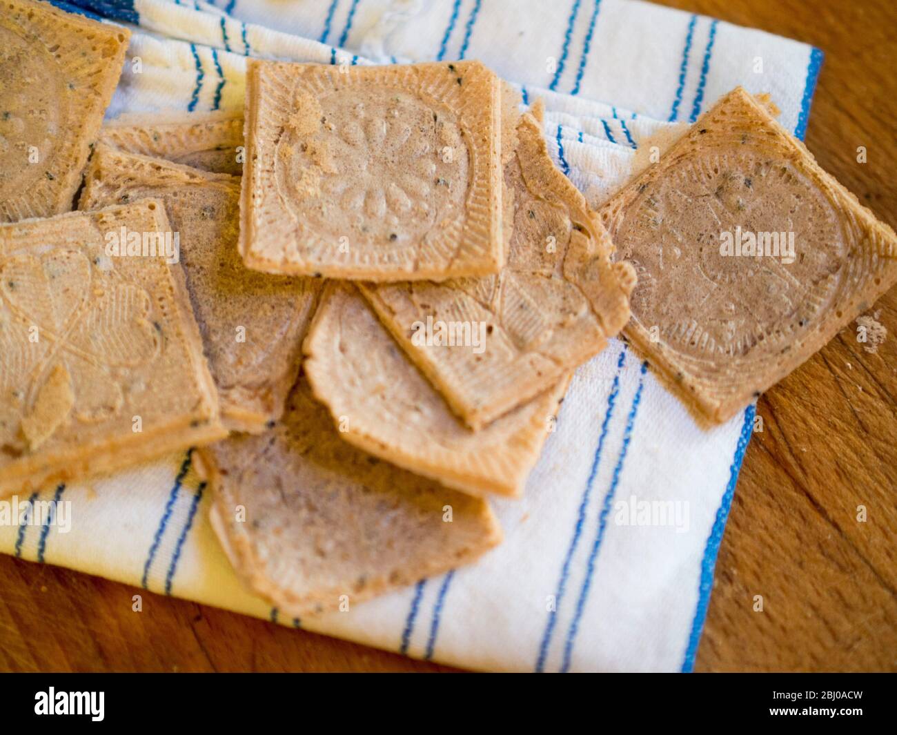 Home made buckwheat crackers, cooked in a German waffle iron Stock ...