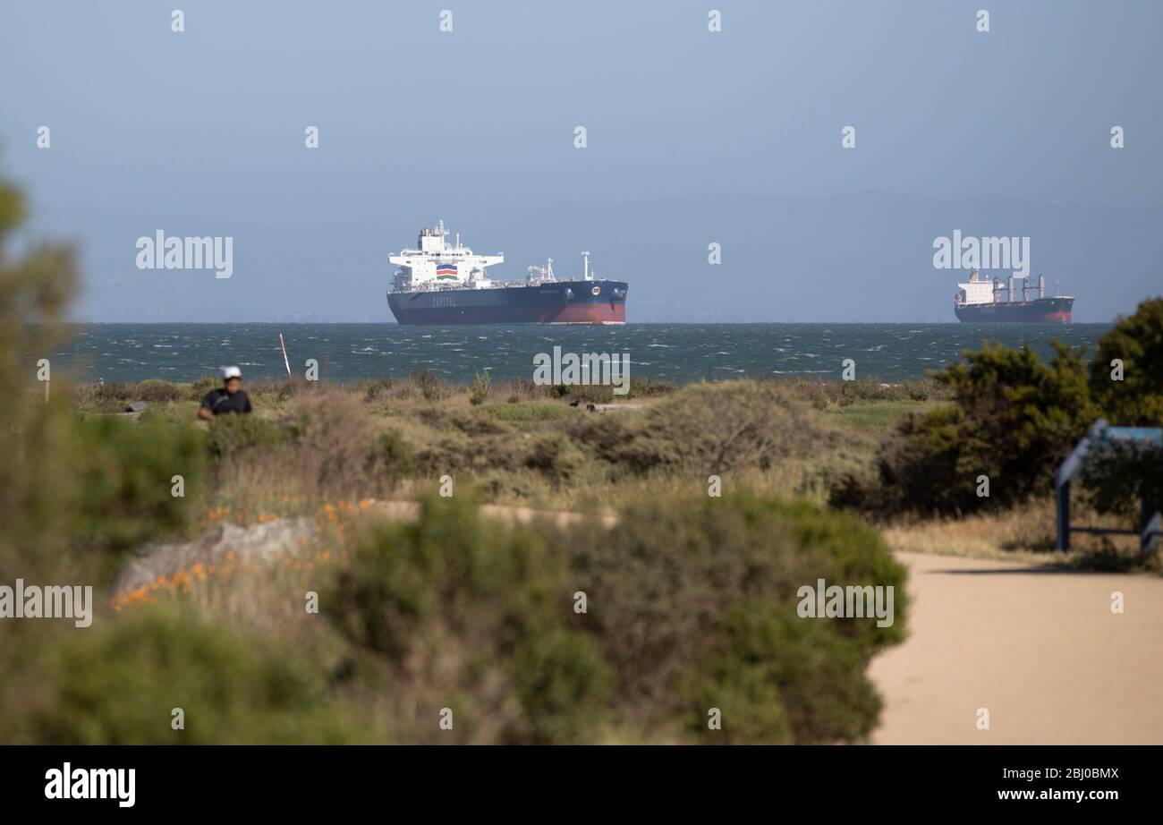 San Francisco, USA. 26th Apr, 2020. Oil tankers sit offshore in the San ...