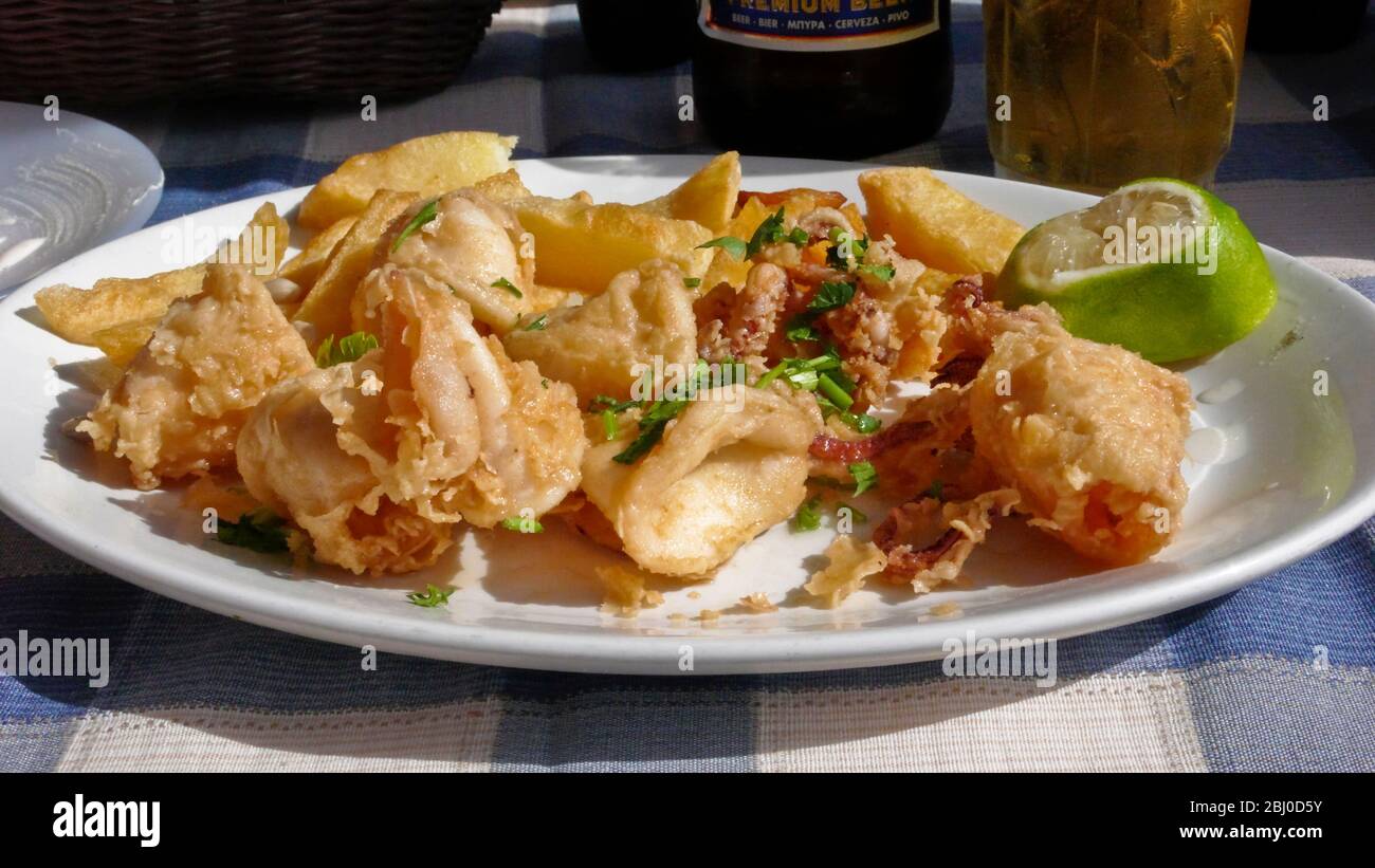 Deepfried squid with chips at beach restaurant in southern Cyprus Stock ...