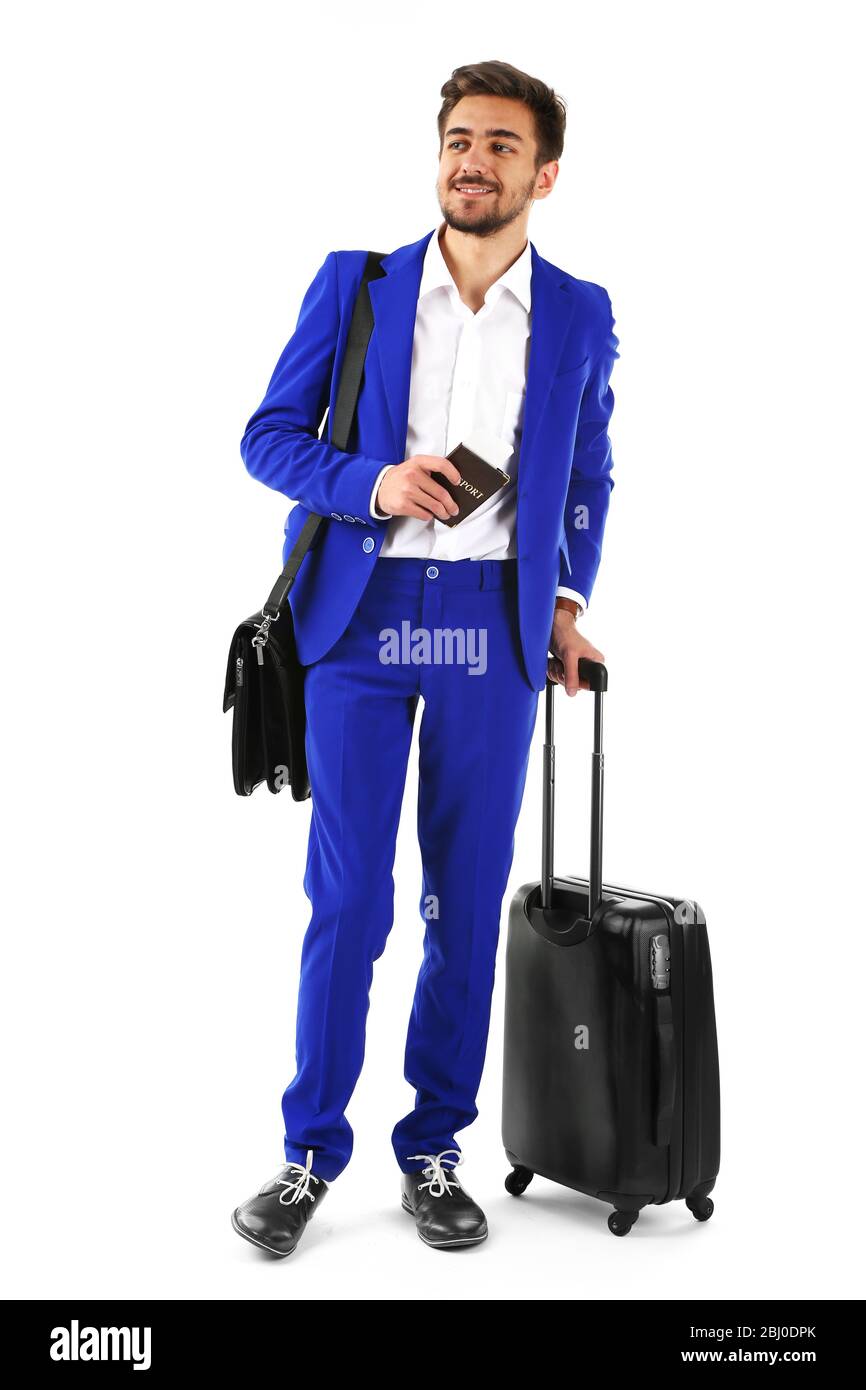 Business man with suitcase isolated on white Stock Photo - Alamy
