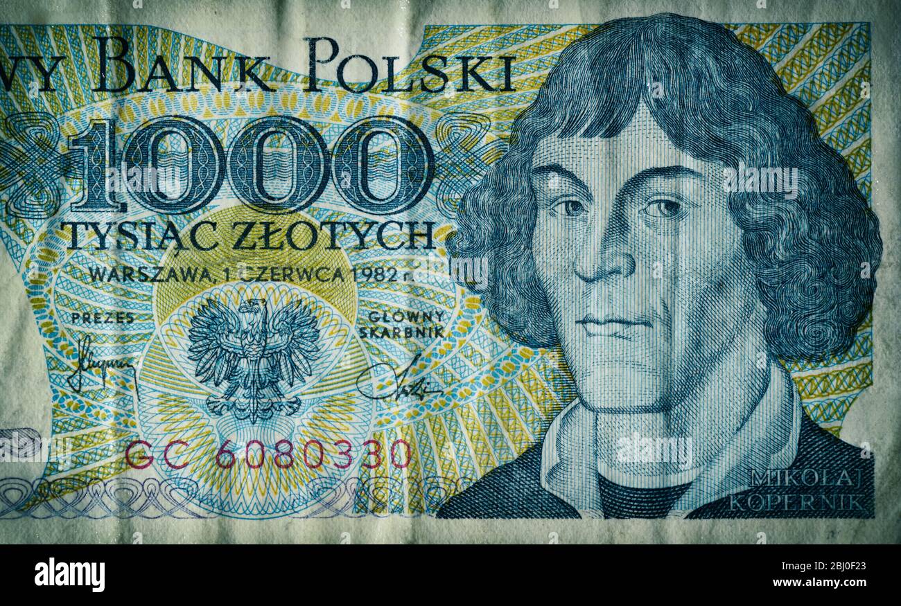Ancient, used, out-of-date Polish thousand zloty currency banknote ...