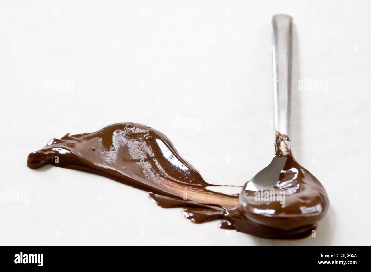 Melted chocolate smeared across white surface with a spoon leaving a ...