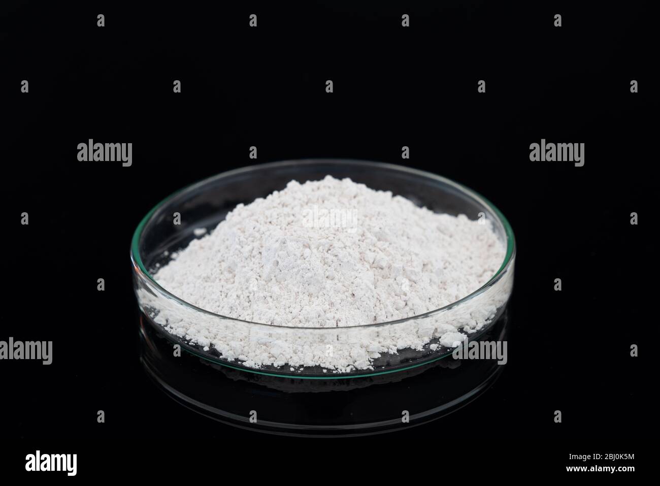 Powder of Gypsum in petri dish on black background Stock Photo - Alamy