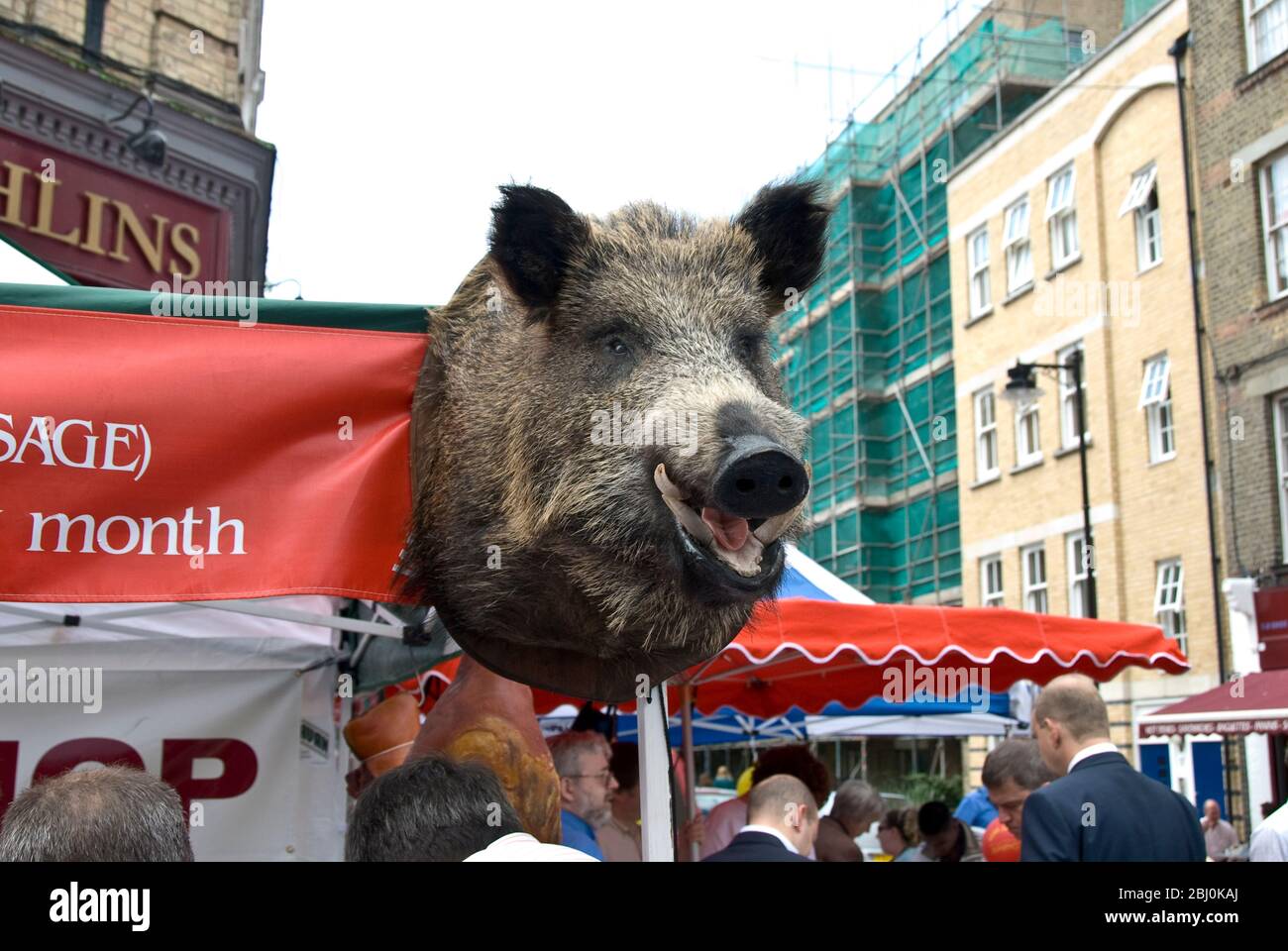 Stuffed boar's head on stall at Whitecross Street market, London EC1 ...