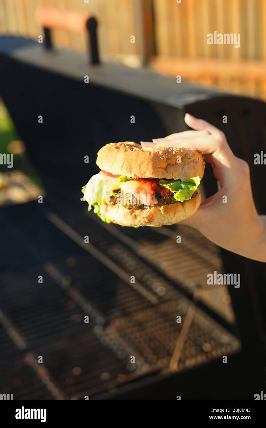 Hand holding hamburger meat lettuce hi-res stock photography and images ...