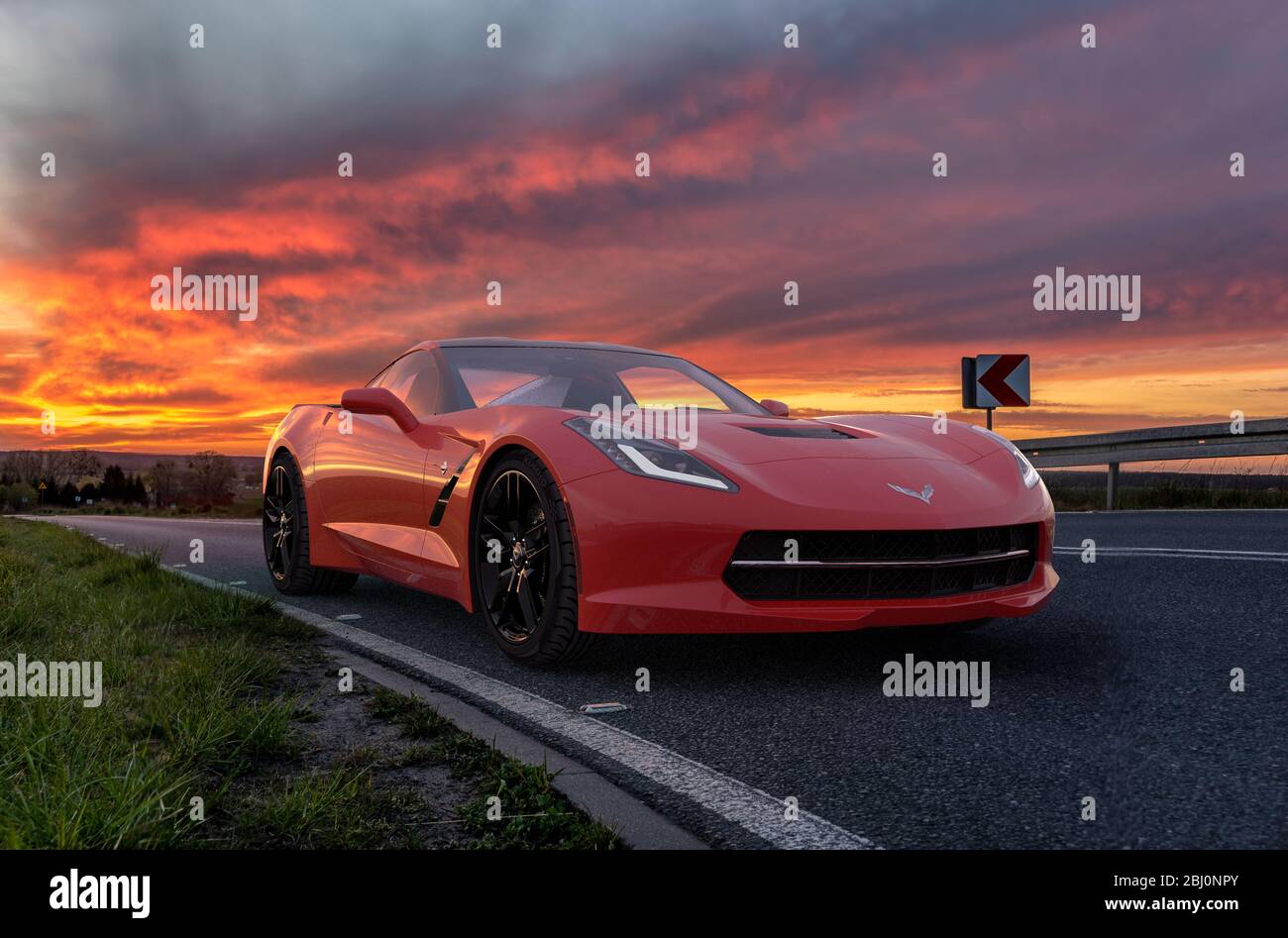 Chevrolet Corvette C7 on the road during a dramatic sunset Stock Photo ...