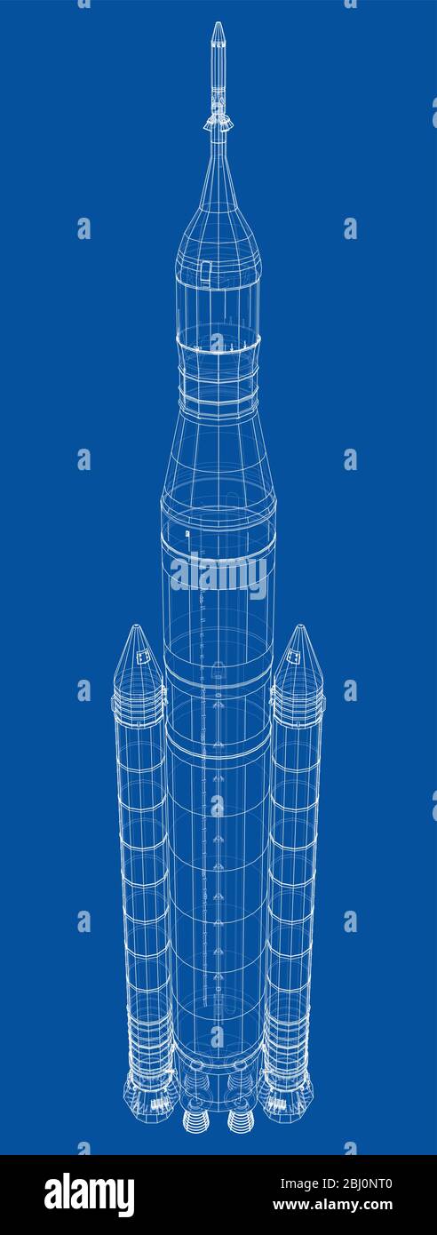Space rocket concept outline. Vector rendering of 3d. Wire-frame style ...