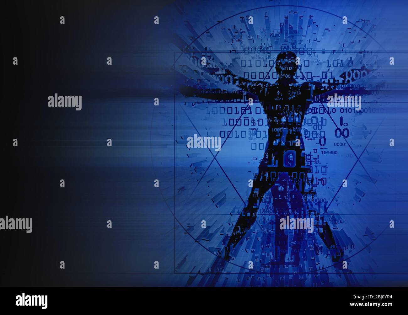 Futuristic Vitruvian man silhouette on dark blue background. Illustration of vitruvian man with ...