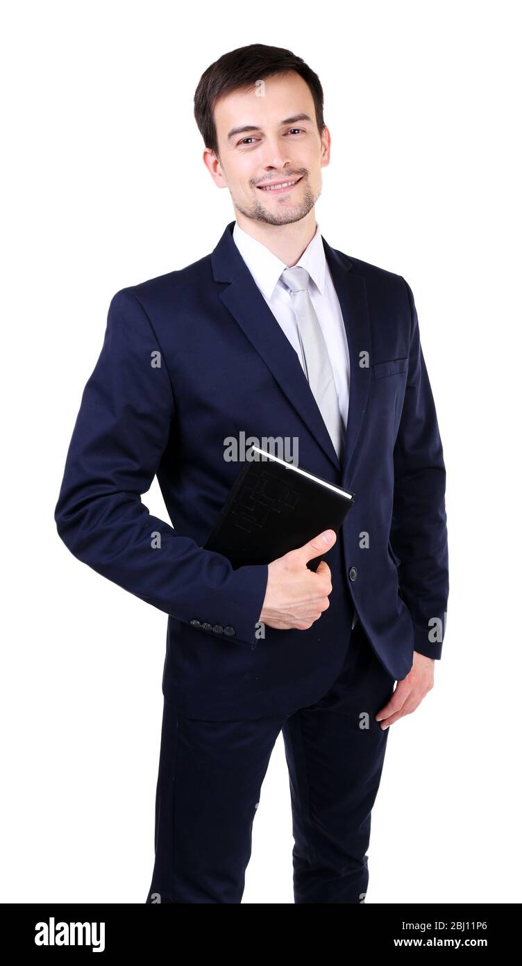Elegant man in suit with notepad isolated on white Stock Photo - Alamy