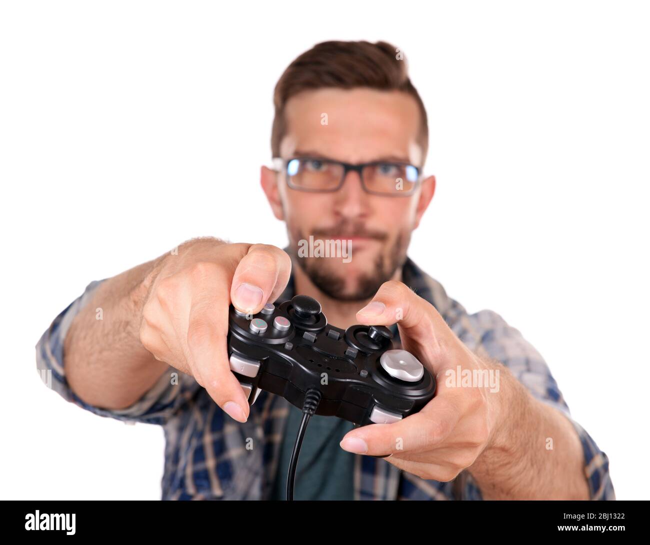 Young man playing video games isolated on white Stock Photo - Alamy