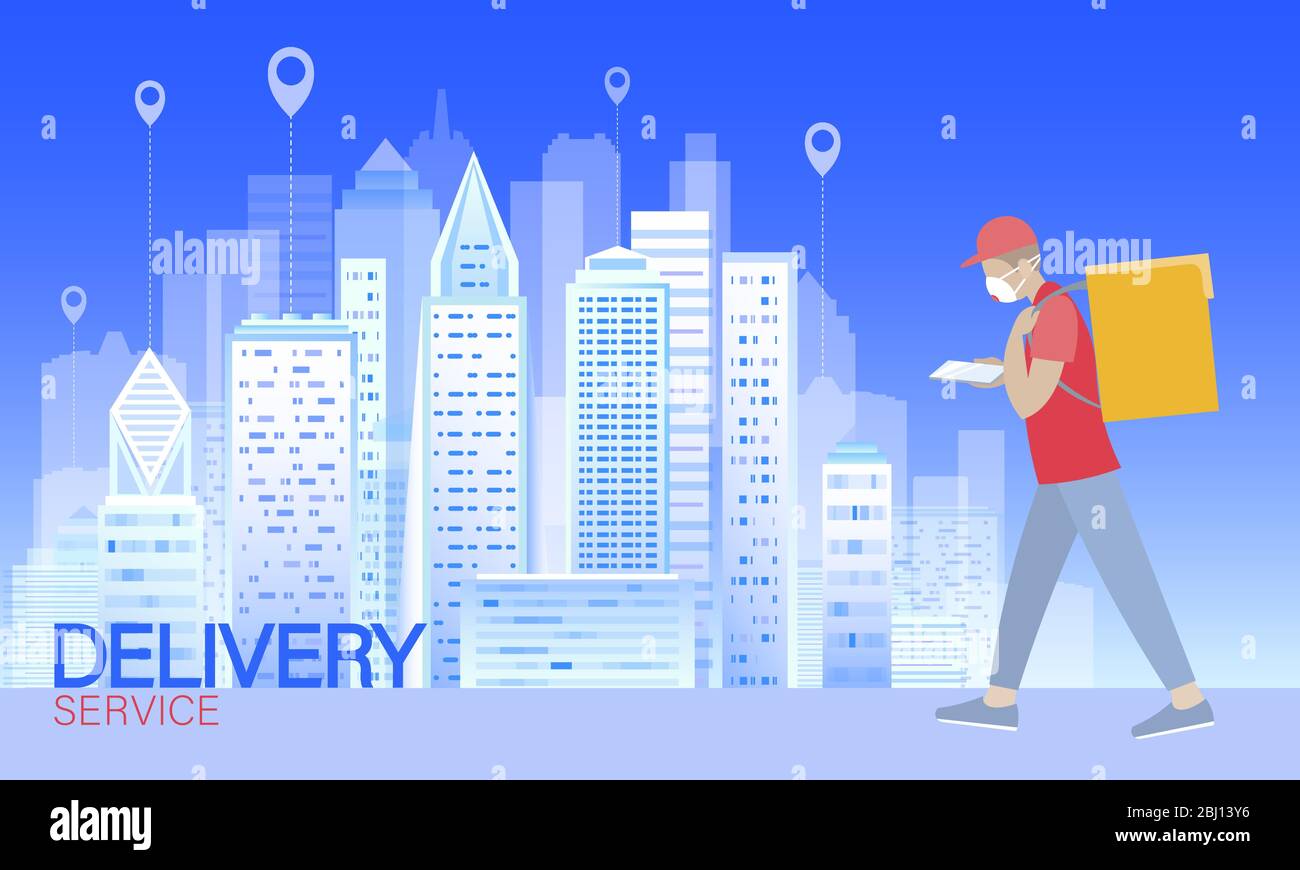 Walking city delivery box. Walk road neon lights food shipping mobile ...