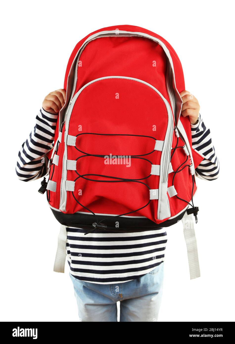 Beautiful little girl holding backpack isolated on white Stock Photo ...