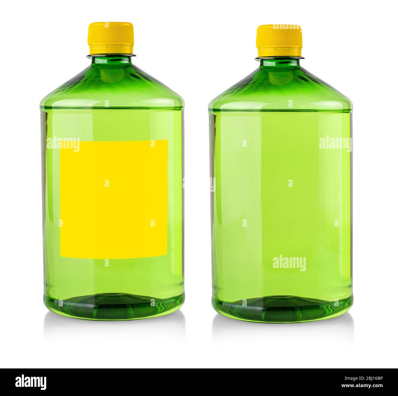 The plastic transparent bottle with green chemical liquid with label on ...
