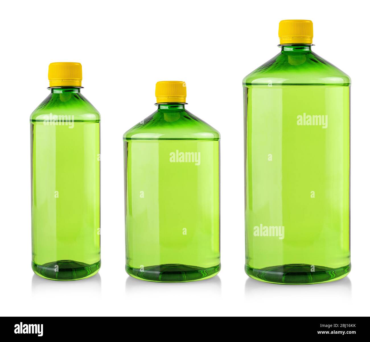 The plastic transparent bottles with green chemical liquid with label ...