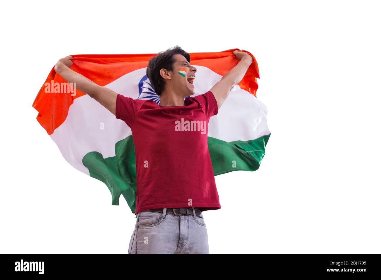young man lifting indian flag in excitement, independence day Stock ...