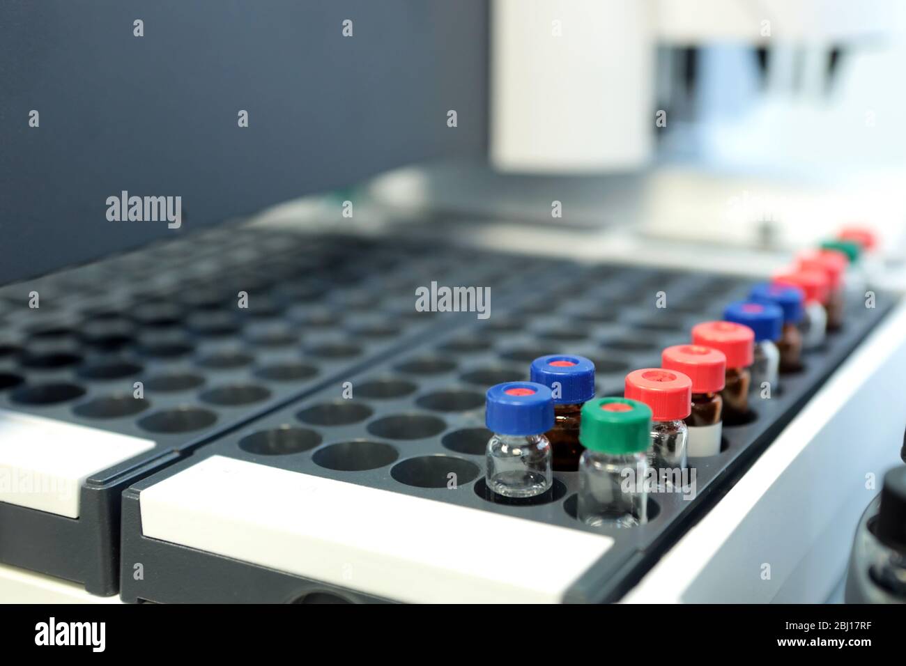 Quality Control Laboratory medicine. Chromatograph operation. Bottles ...