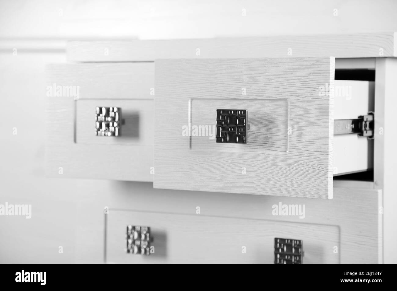 White wooden chest of drawer, close up. Open drawer Stock Photo - Alamy