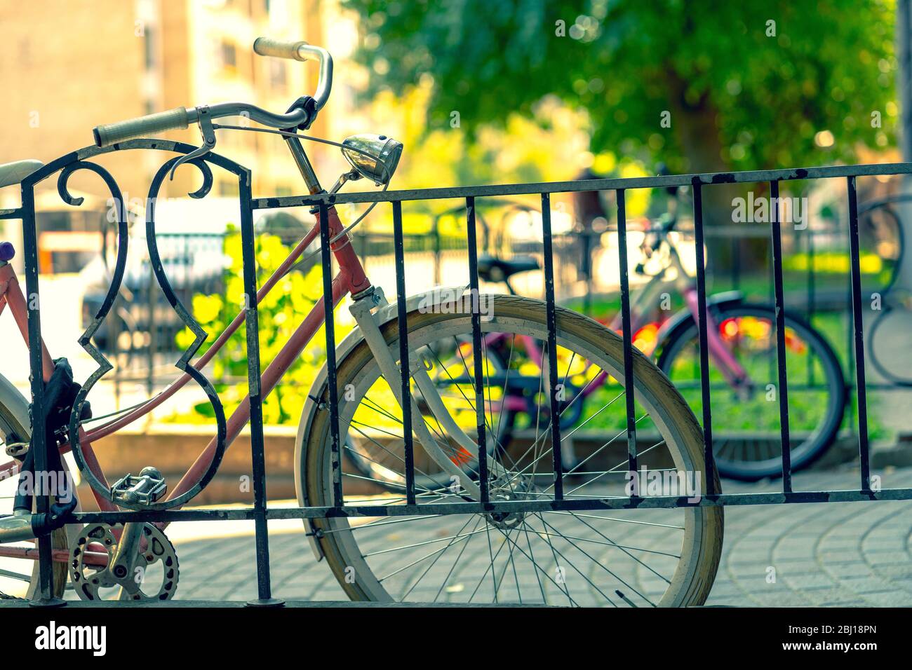 Bicycle stands at the garden fence Stock Photo - Alamy