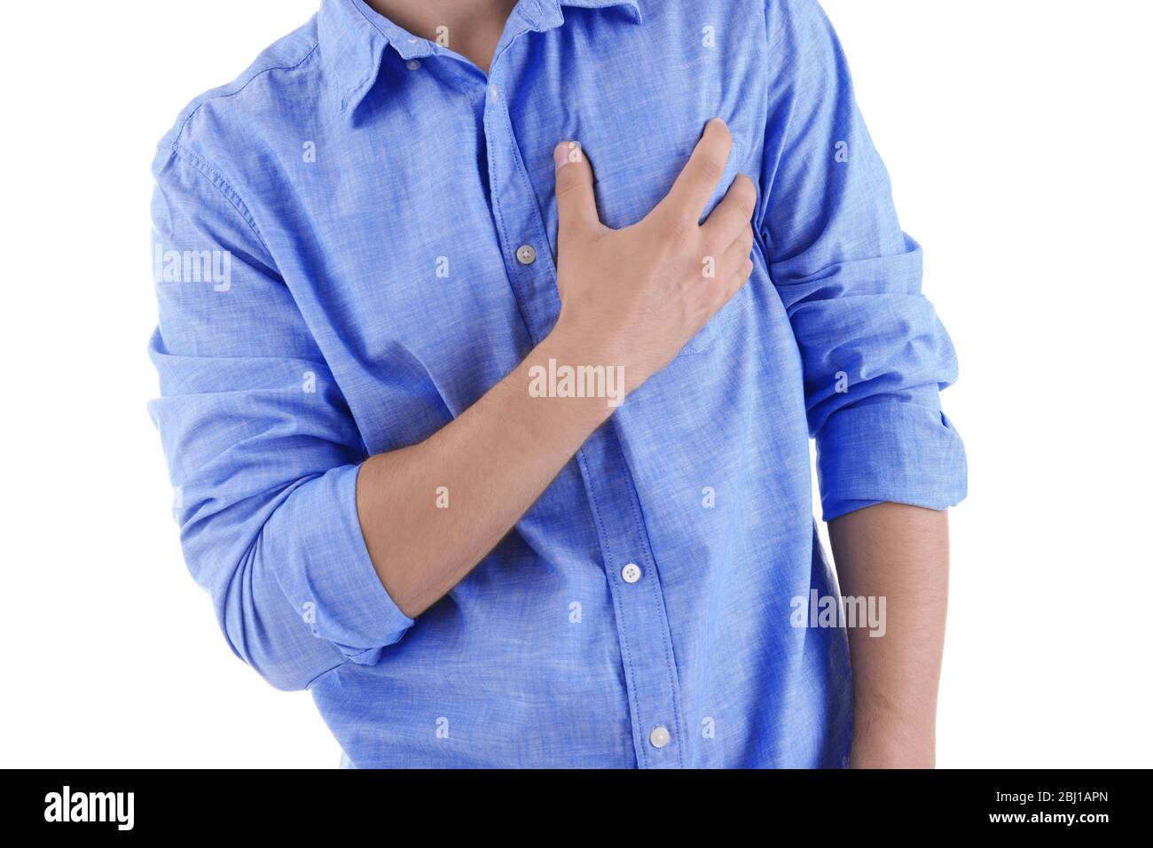 Man chest pain heart attack blue shirt hi-res stock photography and ...