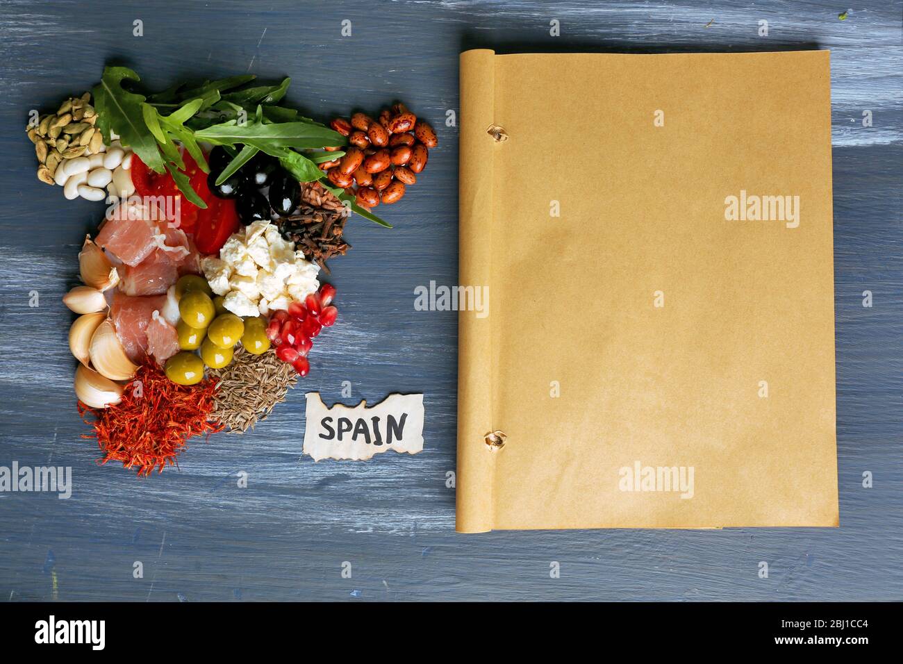 Map of Spain made with ingredients of traditional Spanish cuisine on ...
