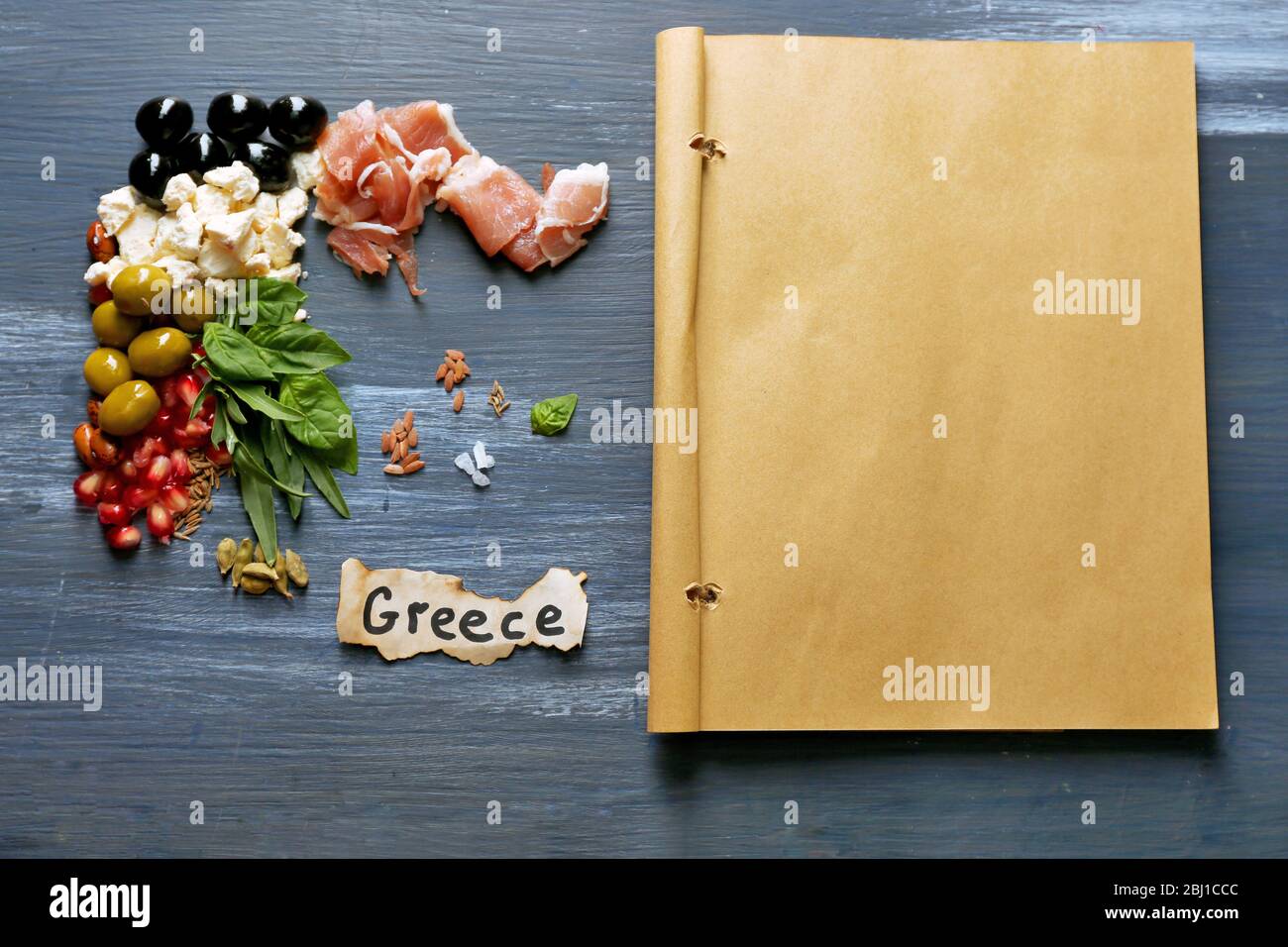 Map of Greece made with ingredients of traditional Greek cuisine on ...