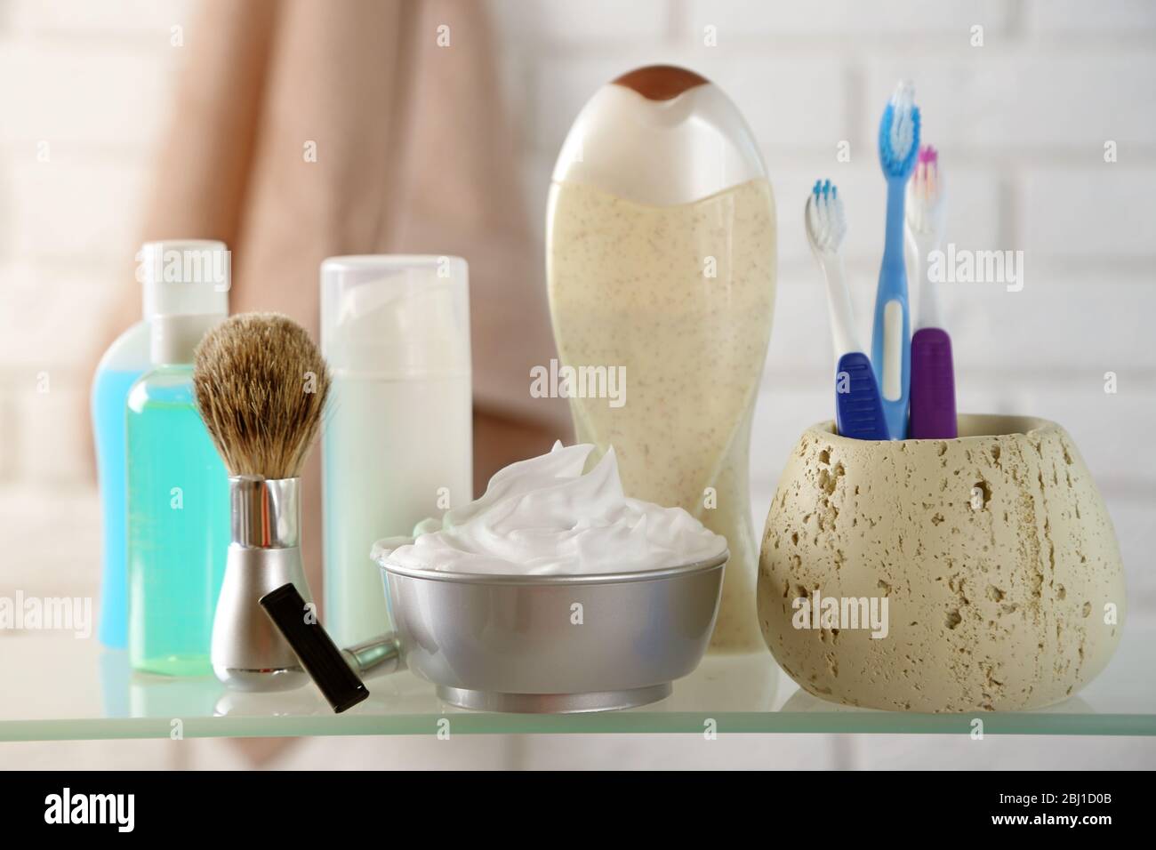 Male luxury shaving kit on shelf, on bricks wall background Stock Photo ...