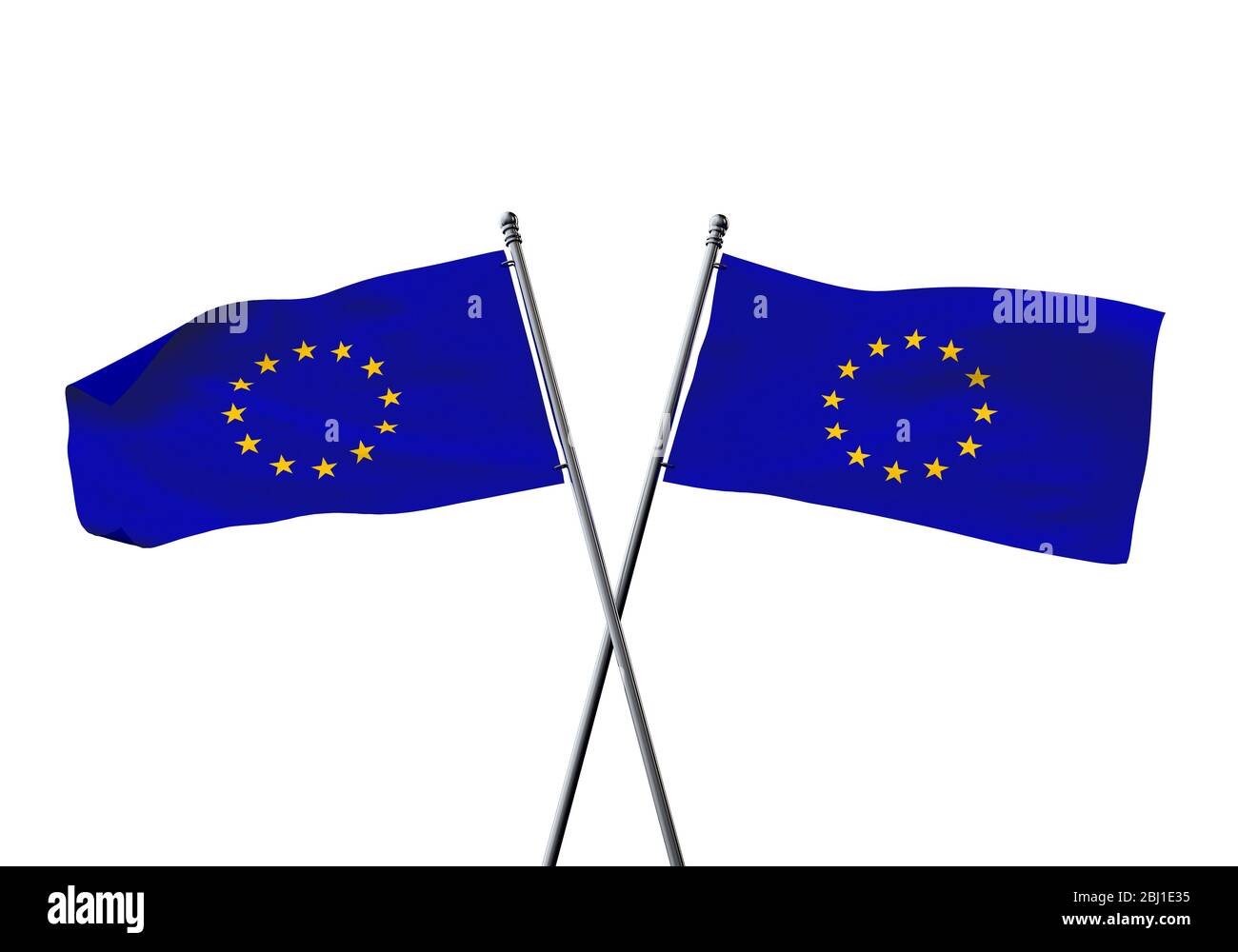 European Union flags crossed isolated on a white background. 3D ...